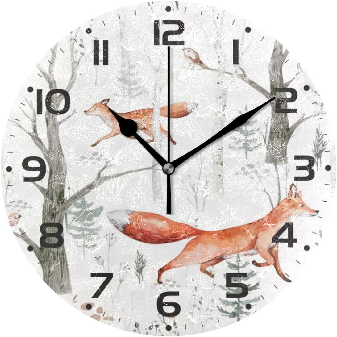 GZHJMY Watercolor Hedgehog Fox Wall Clock, 10" Silent Non Ticking Round ...