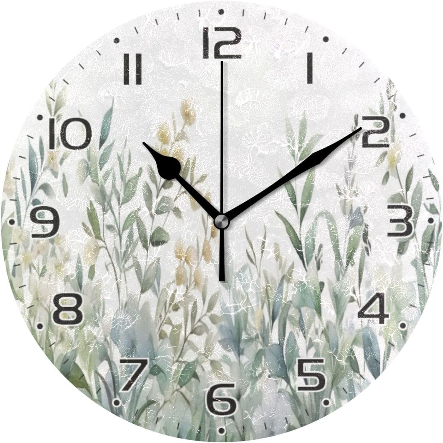 GZHJMY Watercolor Leaves Clock Silent Round Wall Clock Non Ticking ...