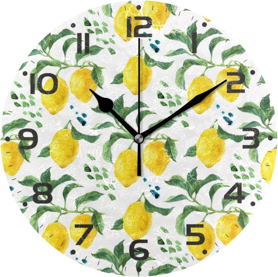 GZHJMY Watercolor Lemon Wall Clock, 10" Silent Non Ticking Round Clock ...
