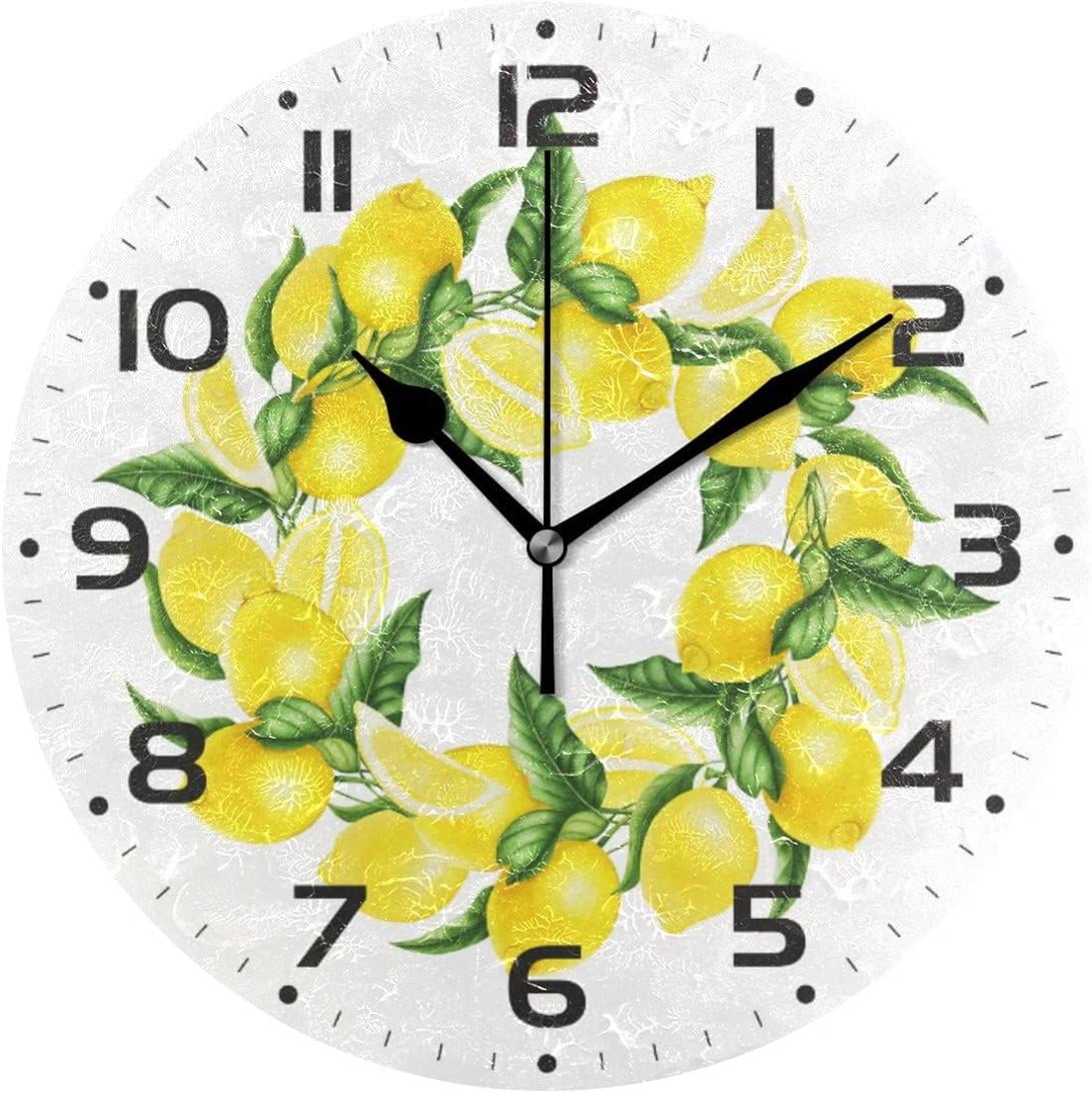 GZHJMY Watercolor Lemon Wreath Wall Clock, 10" Silent Non Ticking Round ...