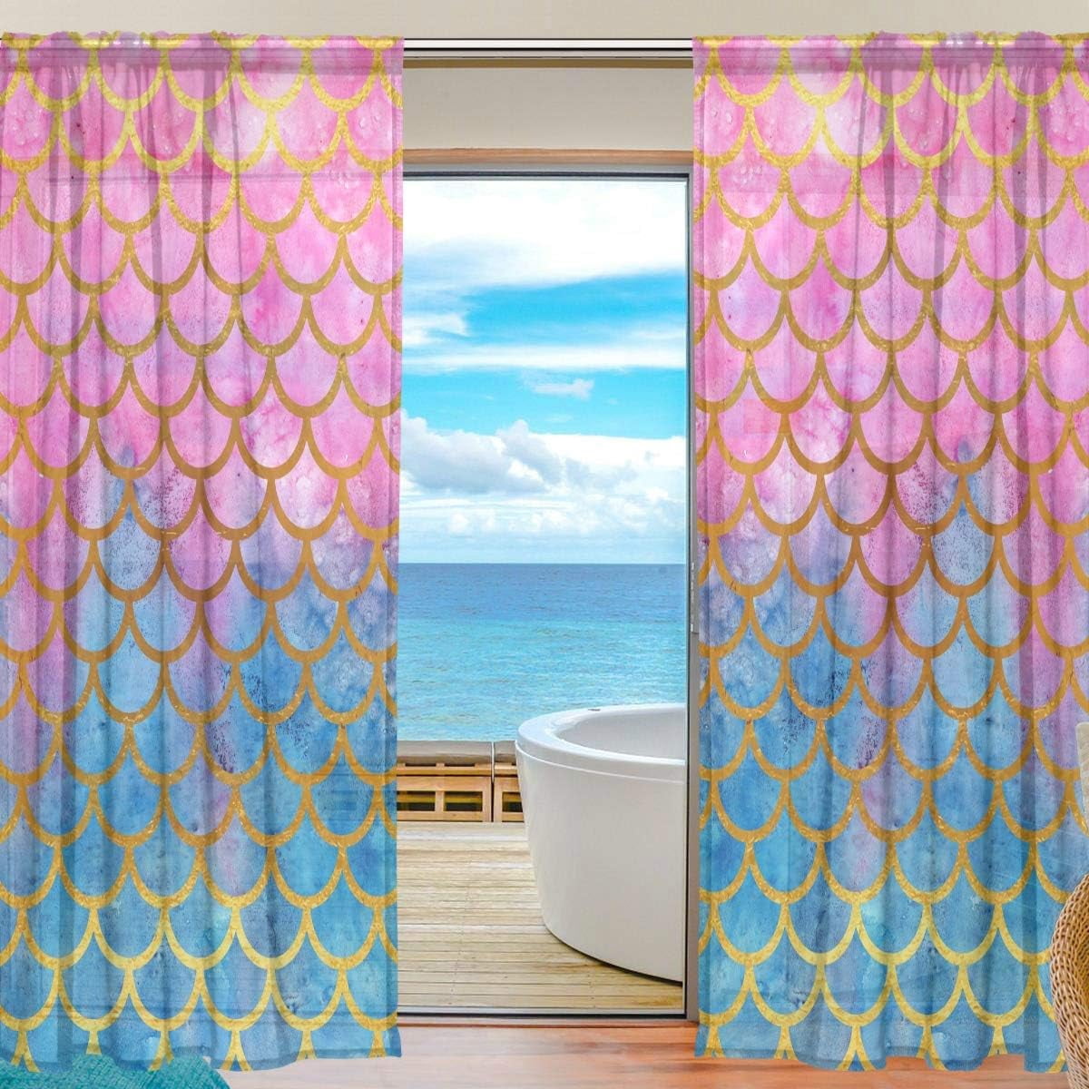GZHJMY Watercolor Mermaid Scales Gold Pink Sheer Curtains Window Voile ...