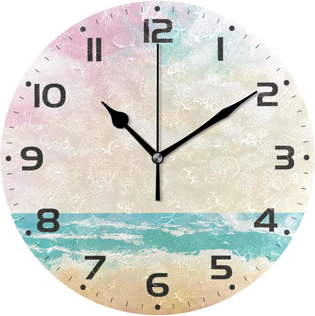 GZHJMY Watercolor Sea Beach Wall Clock, 10" Silent Non Ticking Round ...