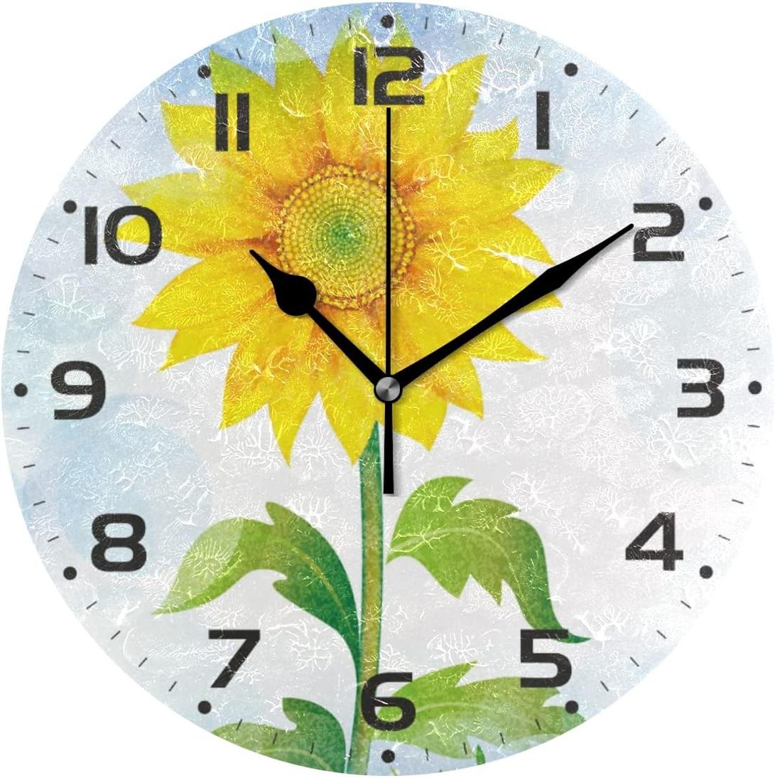 GZHJMY Watercolor Sunflower Wall Clock, 10" Silent Non Ticking Round ...
