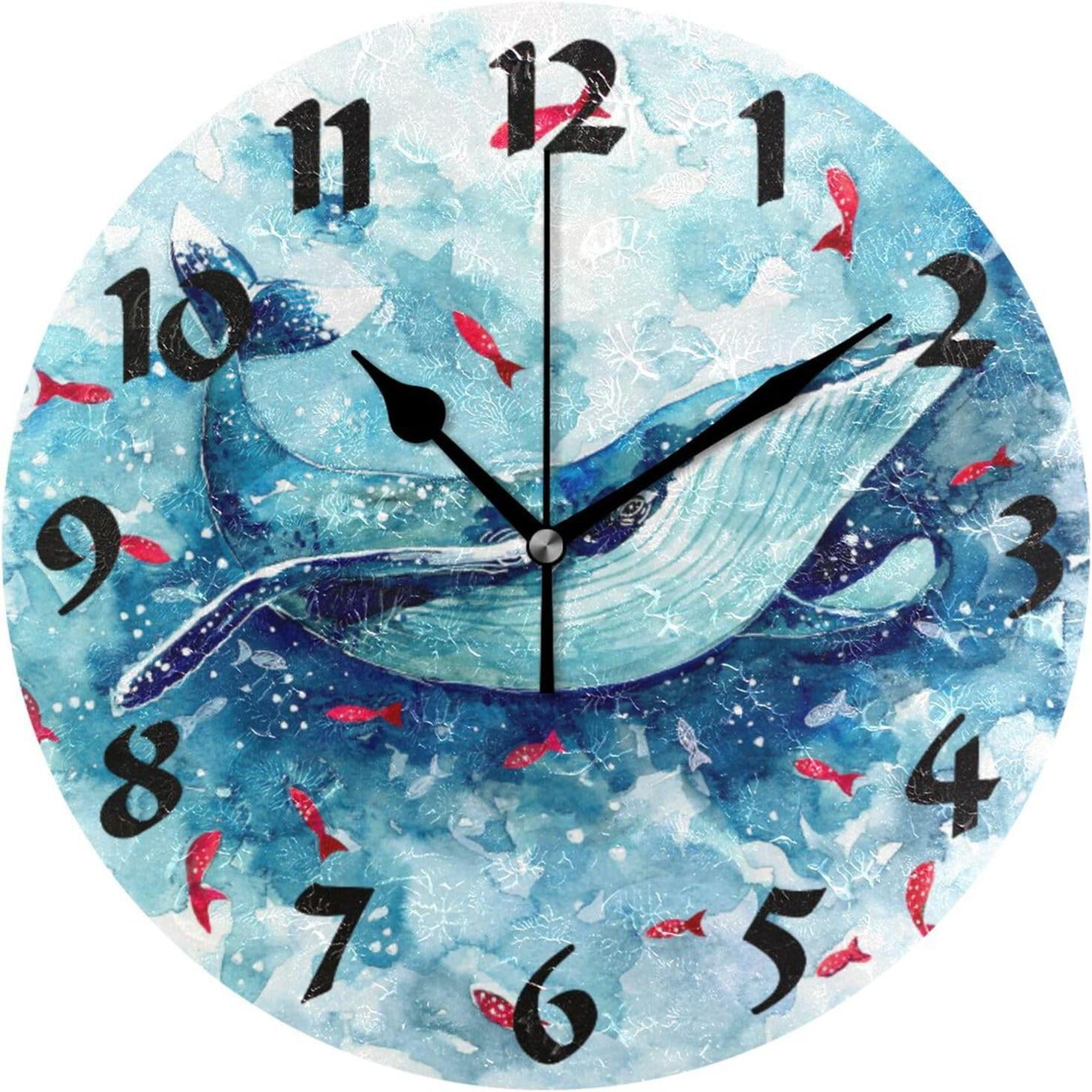 GZHJMY Watercolor Whale Round Wall Clock,Silent Non Ticking Battery ...