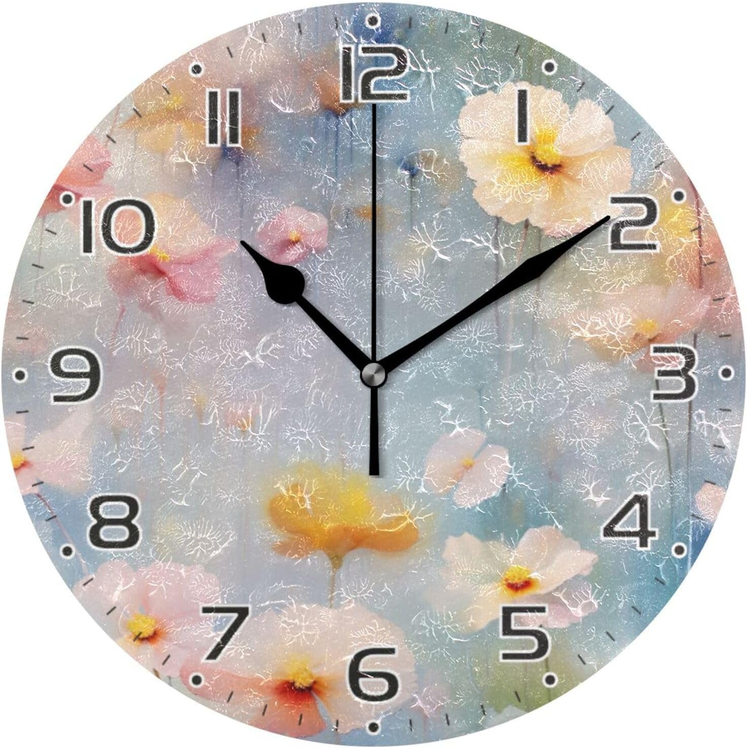 GZHJMY Watercolour Flower Clock Silent Round PVC Wall Clock Non Ticking ...