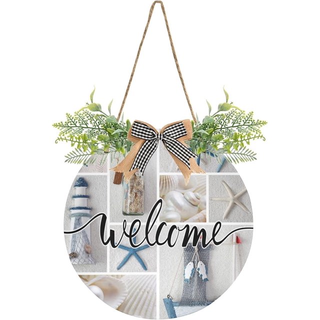 GZHJMY Welcome Sign with Wreath for Front Door, Rustic Round Hanging ...