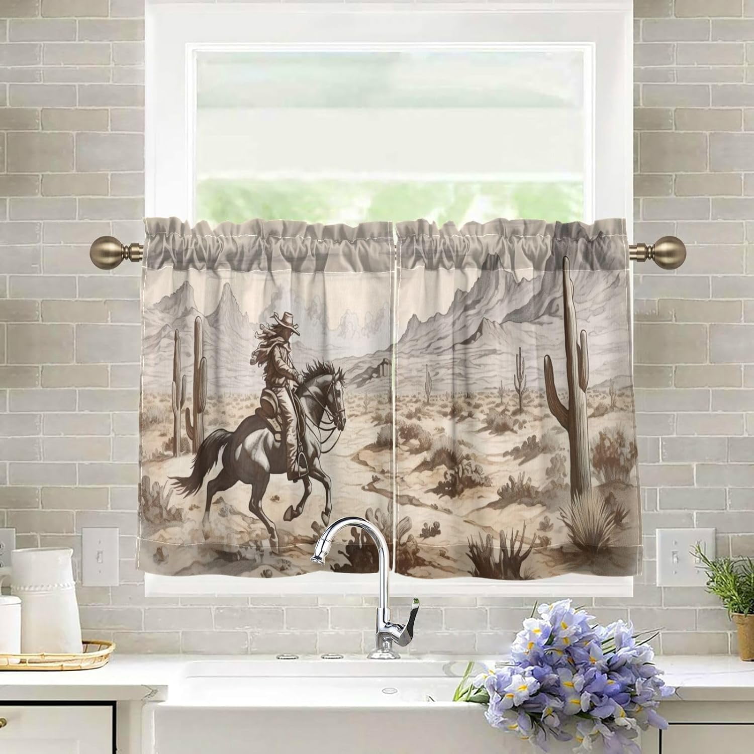 GZHJMY Western Desert Cowboy Half Window Tier Curtains 24 Inch Blackout ...