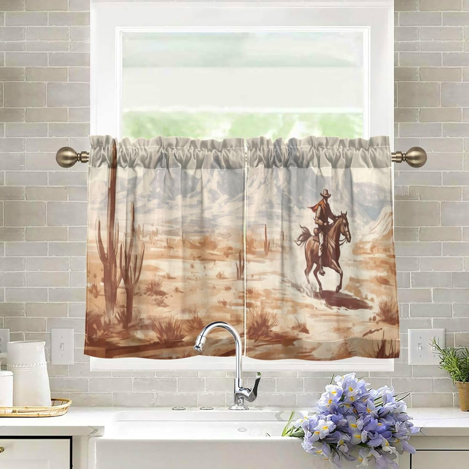 GZHJMY Western Desert Cowboy Half Window Tier Curtains 24 Inch Blackout ...