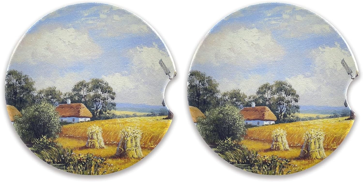 GZHJMY Wheat Field Village Oil Painting Car Coasters 2 Pieces ...