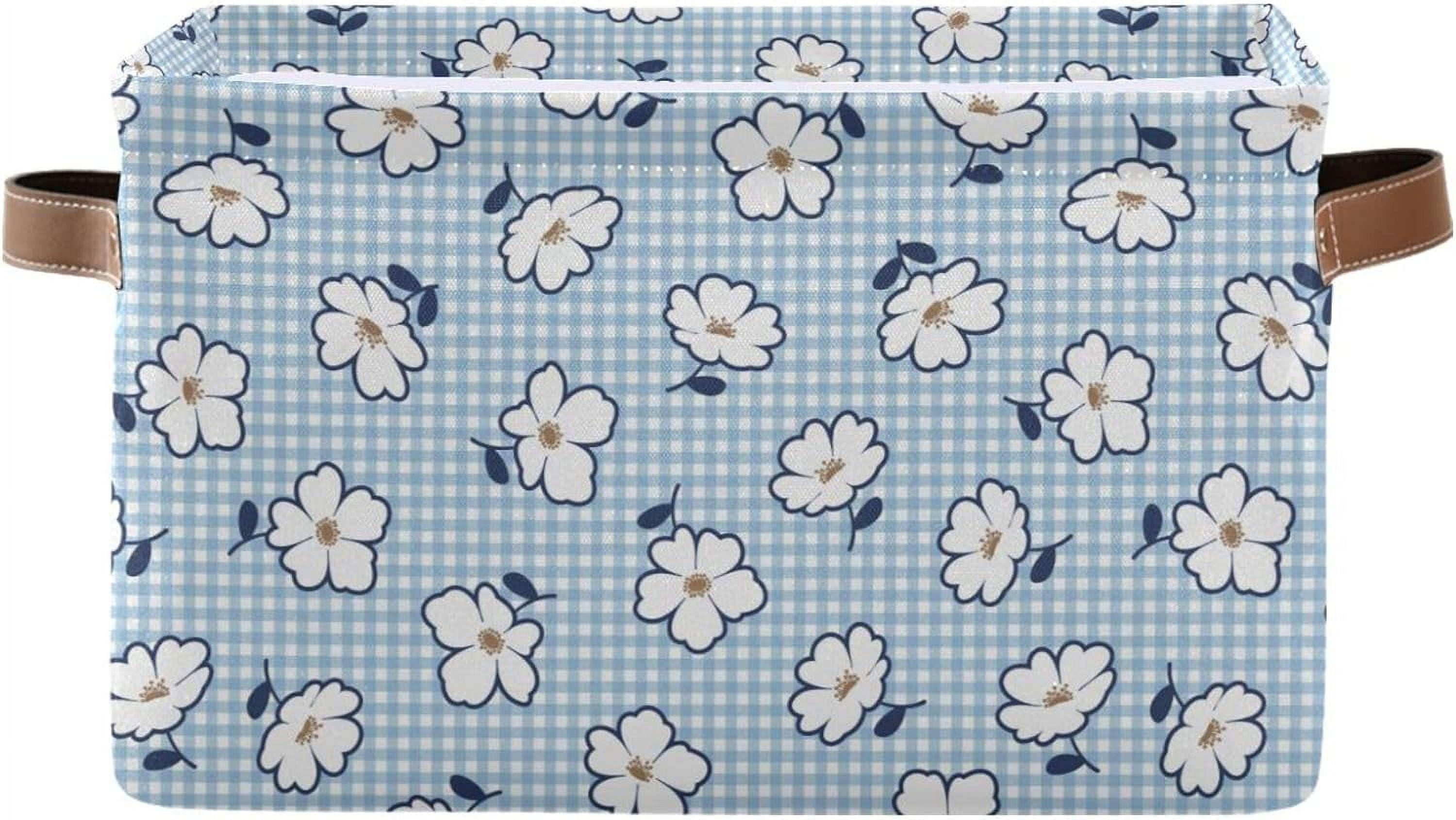 GZHJMY White Flower Plaid Foldable Canvas Storage Bin, Sturdy Fabric ...