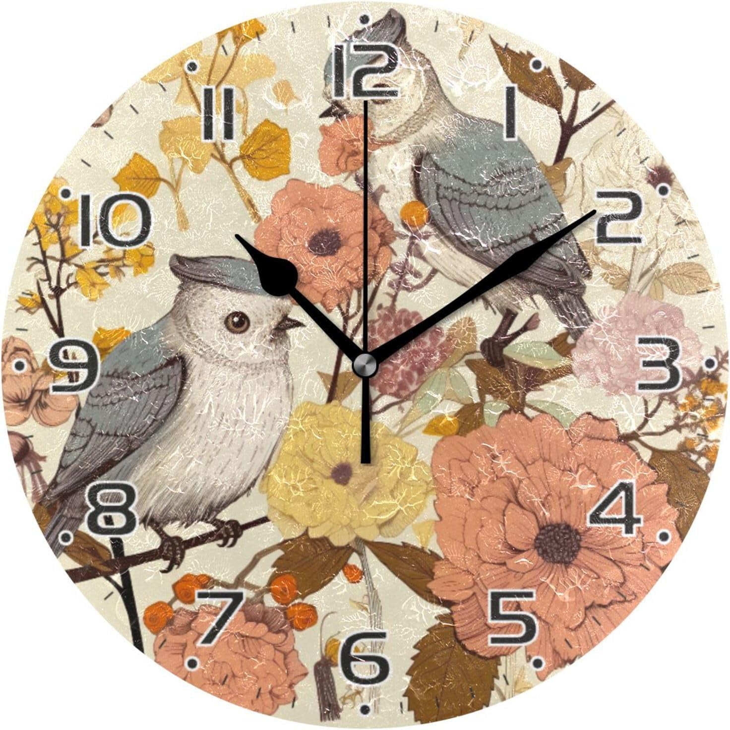 GZHJMY Wild Birds Clock Silent Round Wall Clock Non Ticking Battery ...