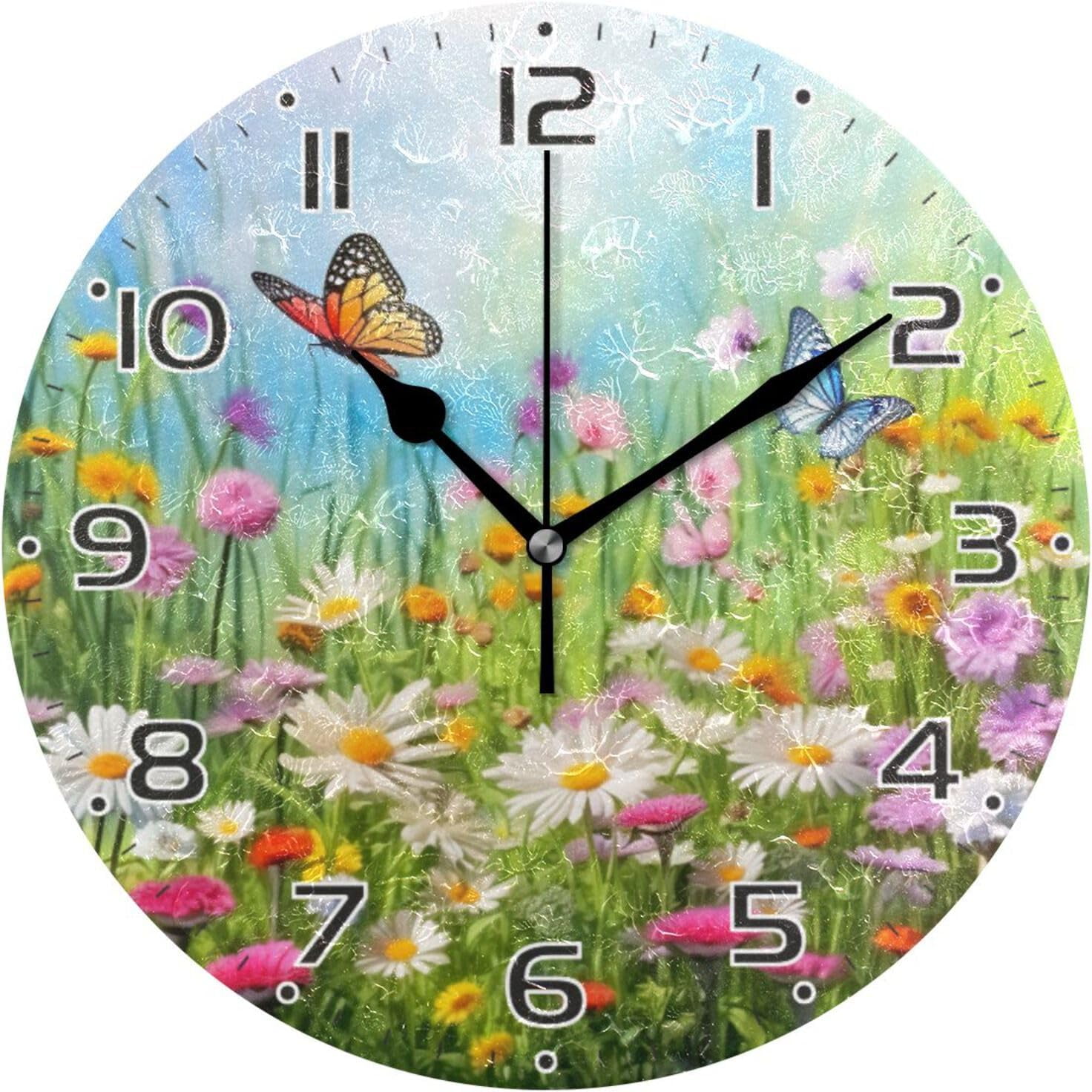 GZHJMY Wild Flowers Clock Silent Round Wall Clock Non Ticking Battery ...