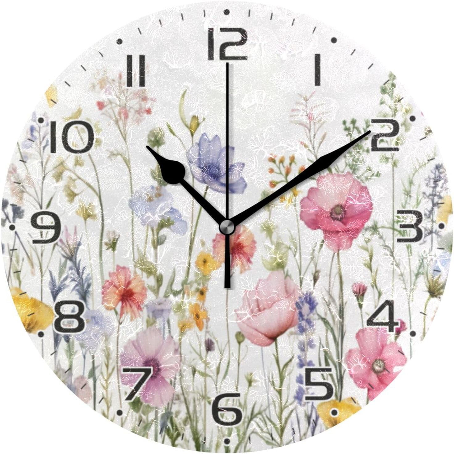 GZHJMY Wild Flowers Clock Silent Round Wall Clock Non Ticking Battery ...