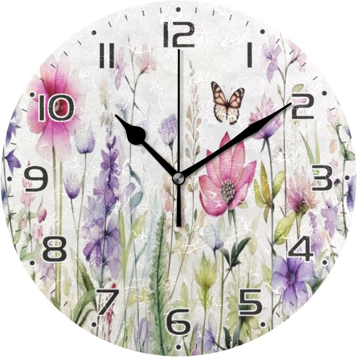 GZHJMY Wild Flowers Clock Silent Round Wall Clock Non Ticking Battery ...