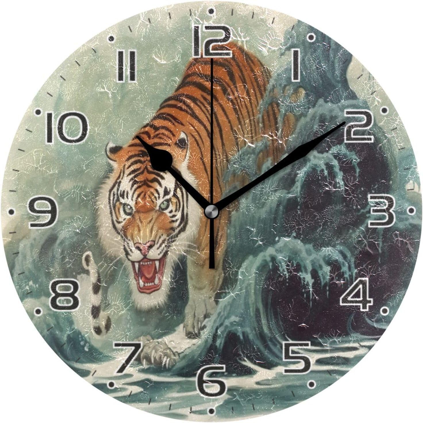 GZHJMY Wild Tiger Clock Silent Round PVC Wall Clock Non Ticking Battery ...
