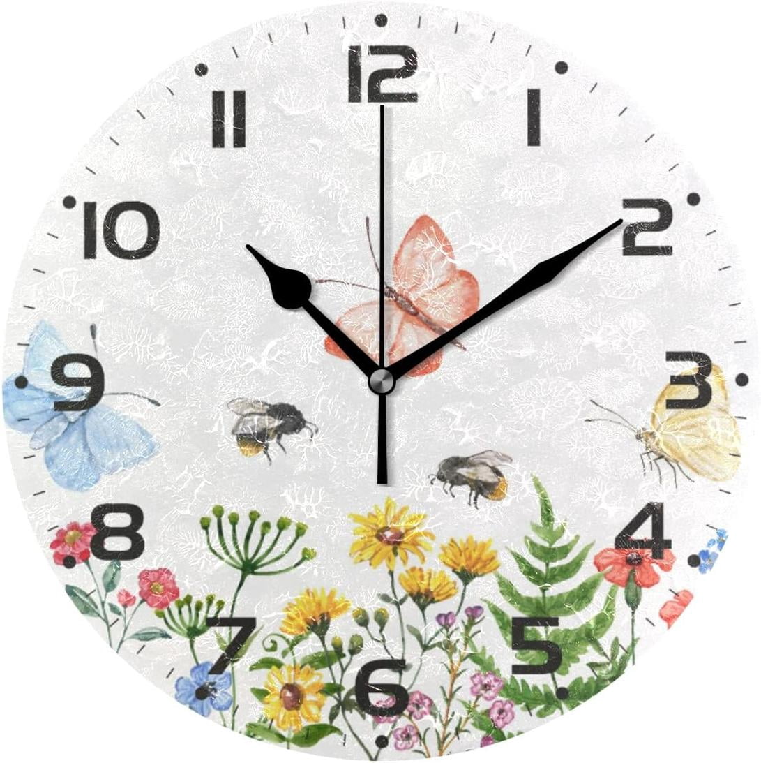GZHJMY Wildflowers Butterfly Wall Clock, 10" Silent Non Ticking Round ...