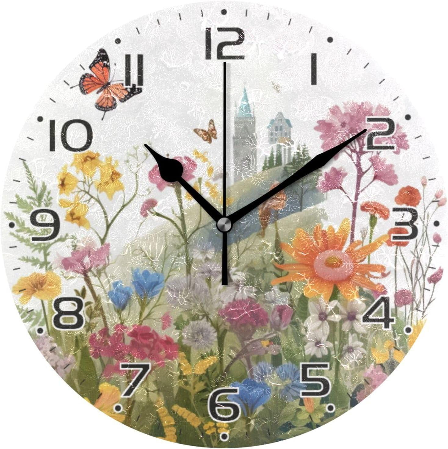 GZHJMY Wildflowers Clock Silent Round PVC Wall Clock Non Ticking ...
