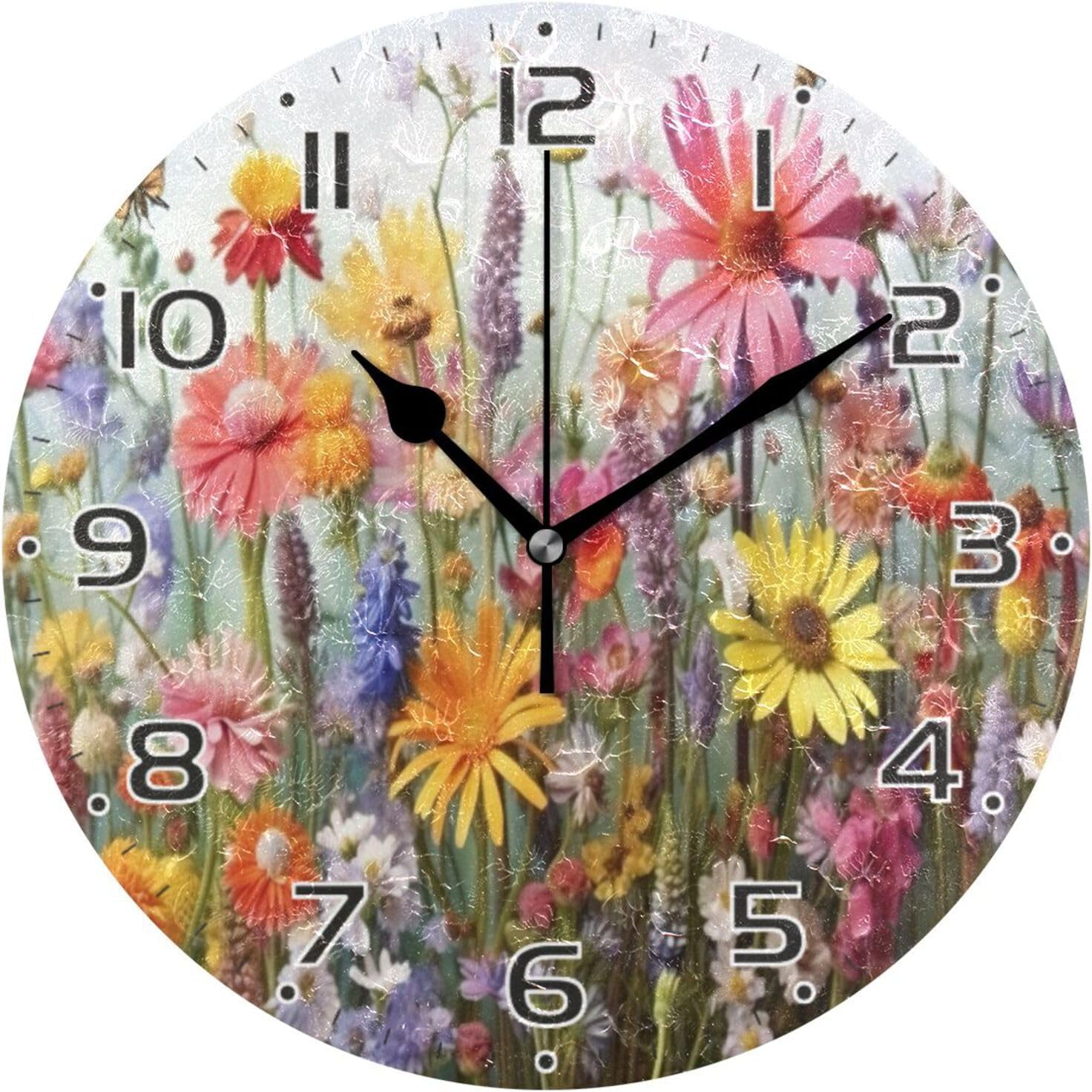 GZHJMY Wildflowers Clock Silent Round PVC Wall Clock Non Ticking ...