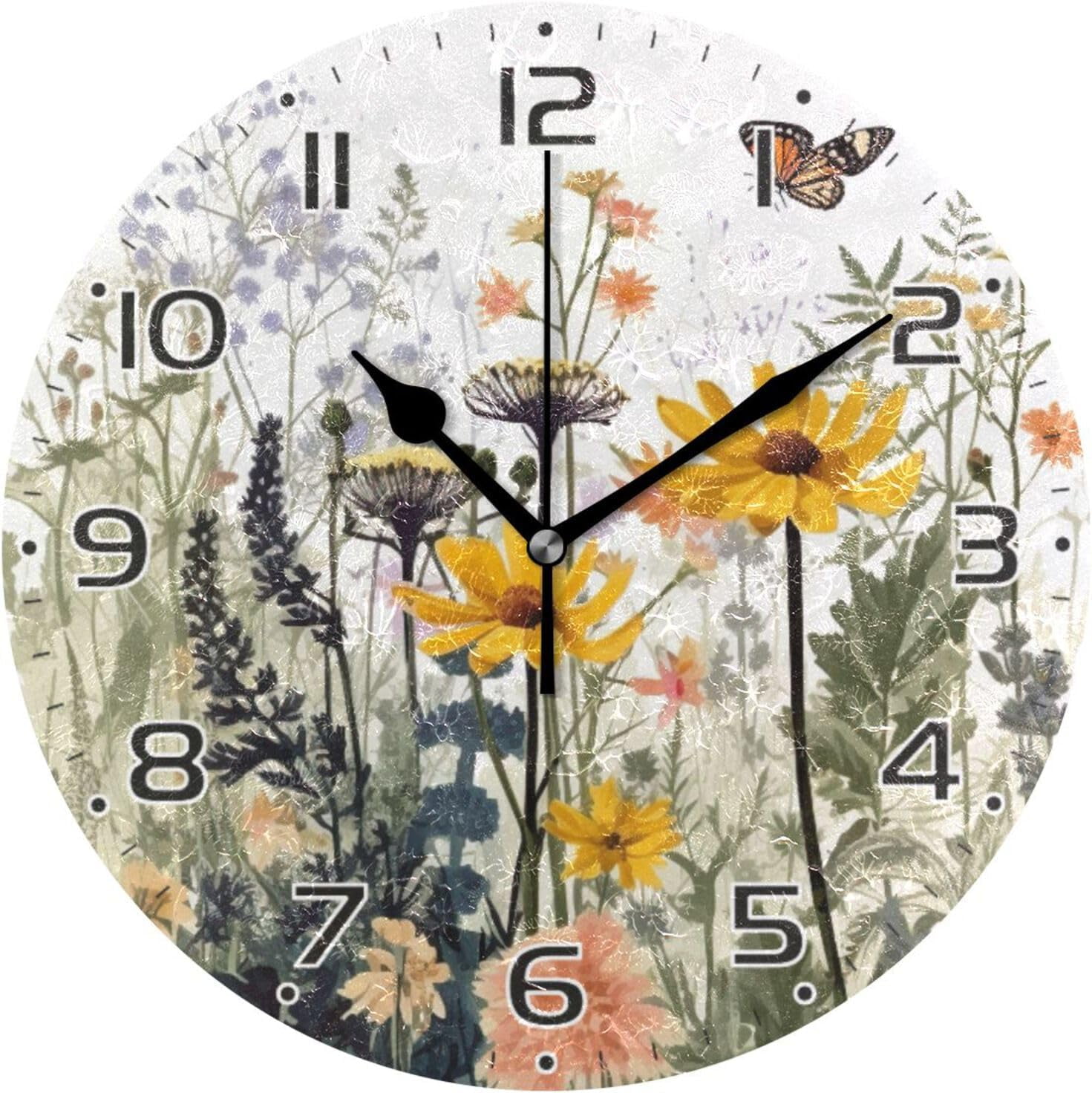 GZHJMY Wildflowers Clock Silent Round PVC Wall Clock Non Ticking ...