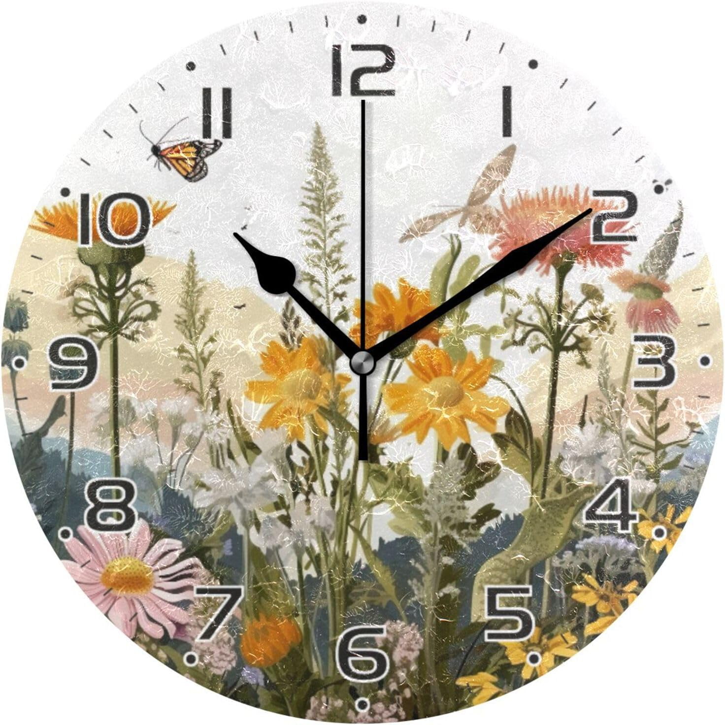GZHJMY Wildflowers Clock Silent Round Wall Clock Non Ticking Battery ...