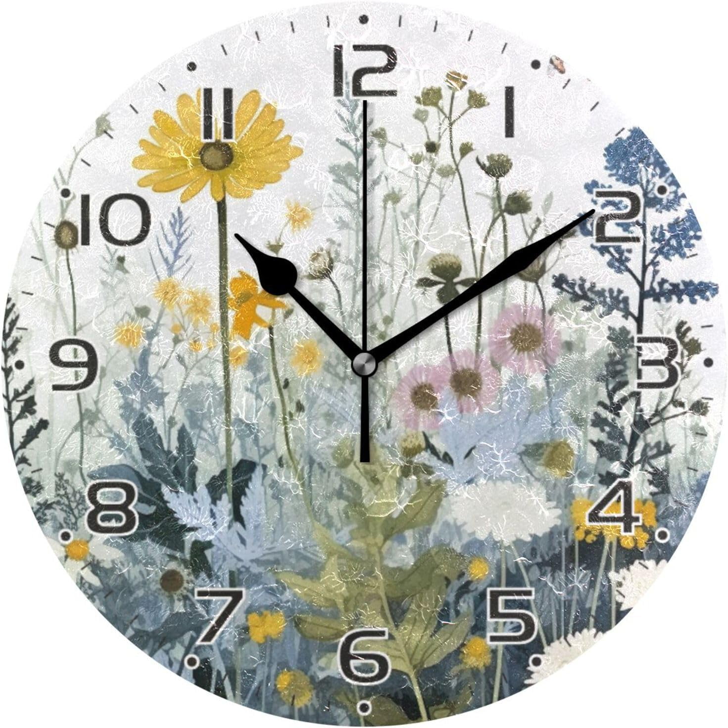 GZHJMY Wildflowers Clock Silent Round Wall Clock Non Ticking Battery ...
