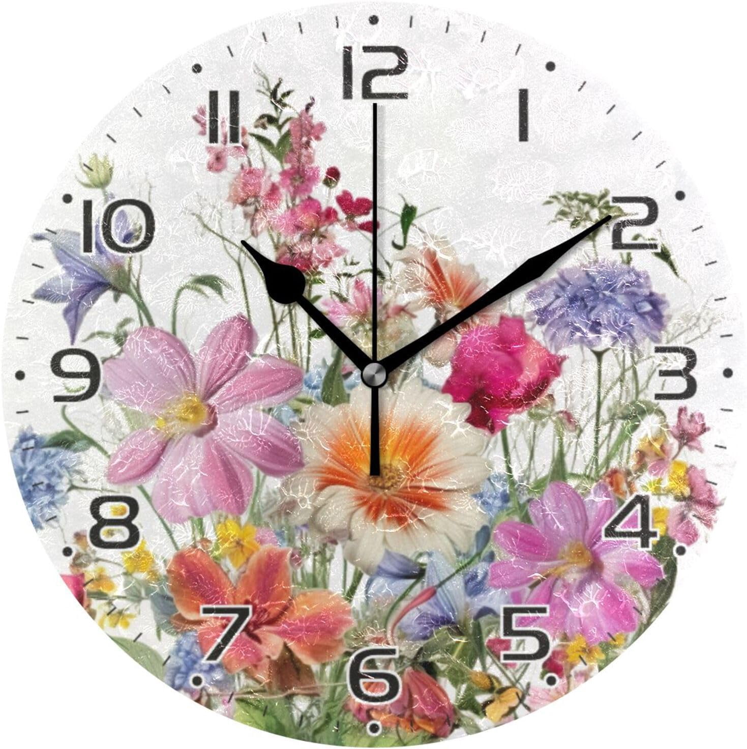 GZHJMY Wildflowers Clock Silent Round Wall Clock Non Ticking Battery ...