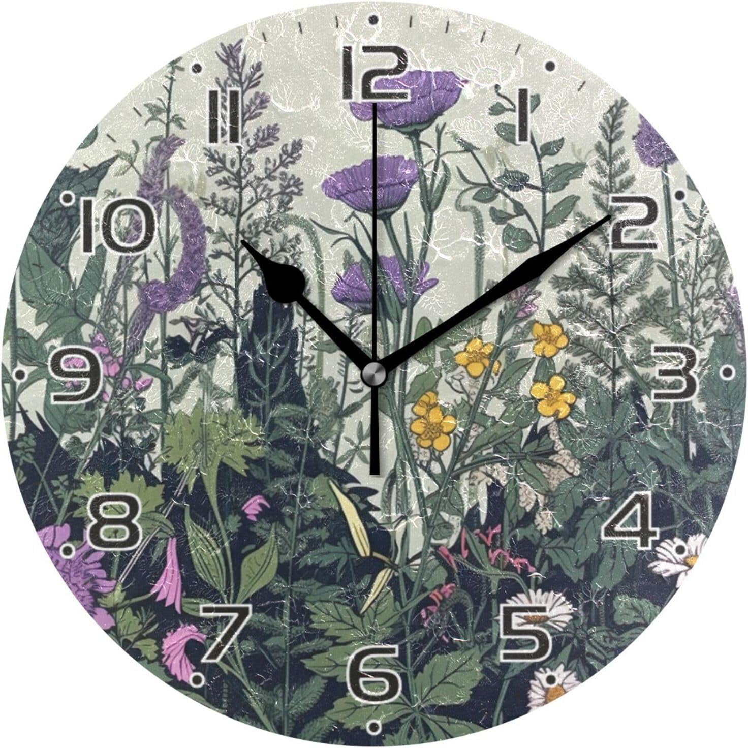 GZHJMY Wildflowers Clock Silent Round Wall Clock Non Ticking Battery ...
