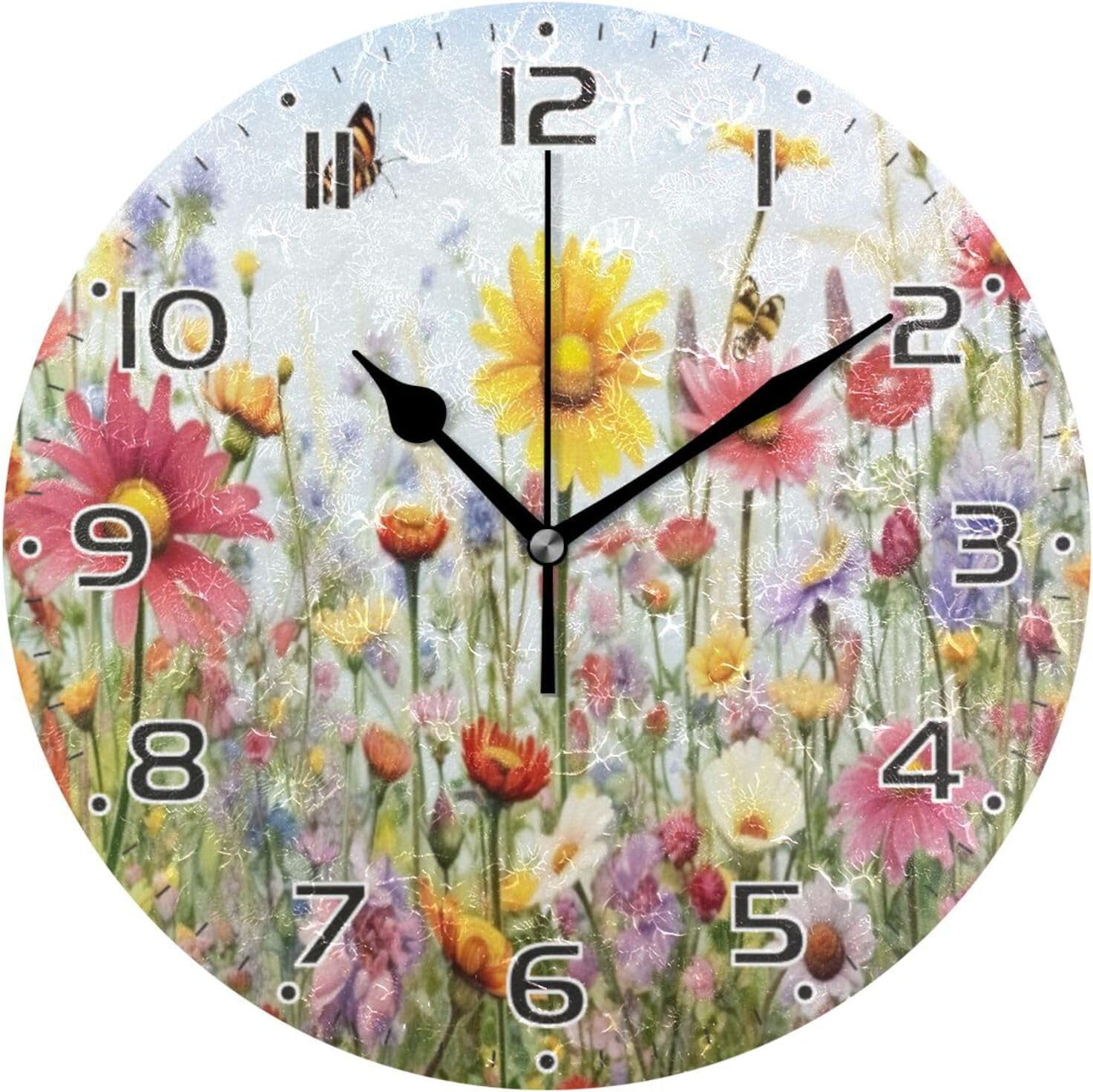 GZHJMY Wildflowers Clock Silent Round Wall Clock Non Ticking Battery ...
