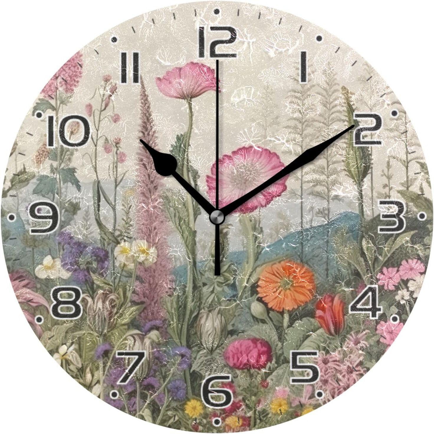 GZHJMY Wildflowers Clock Silent Round Wall Clock Non Ticking Battery ...