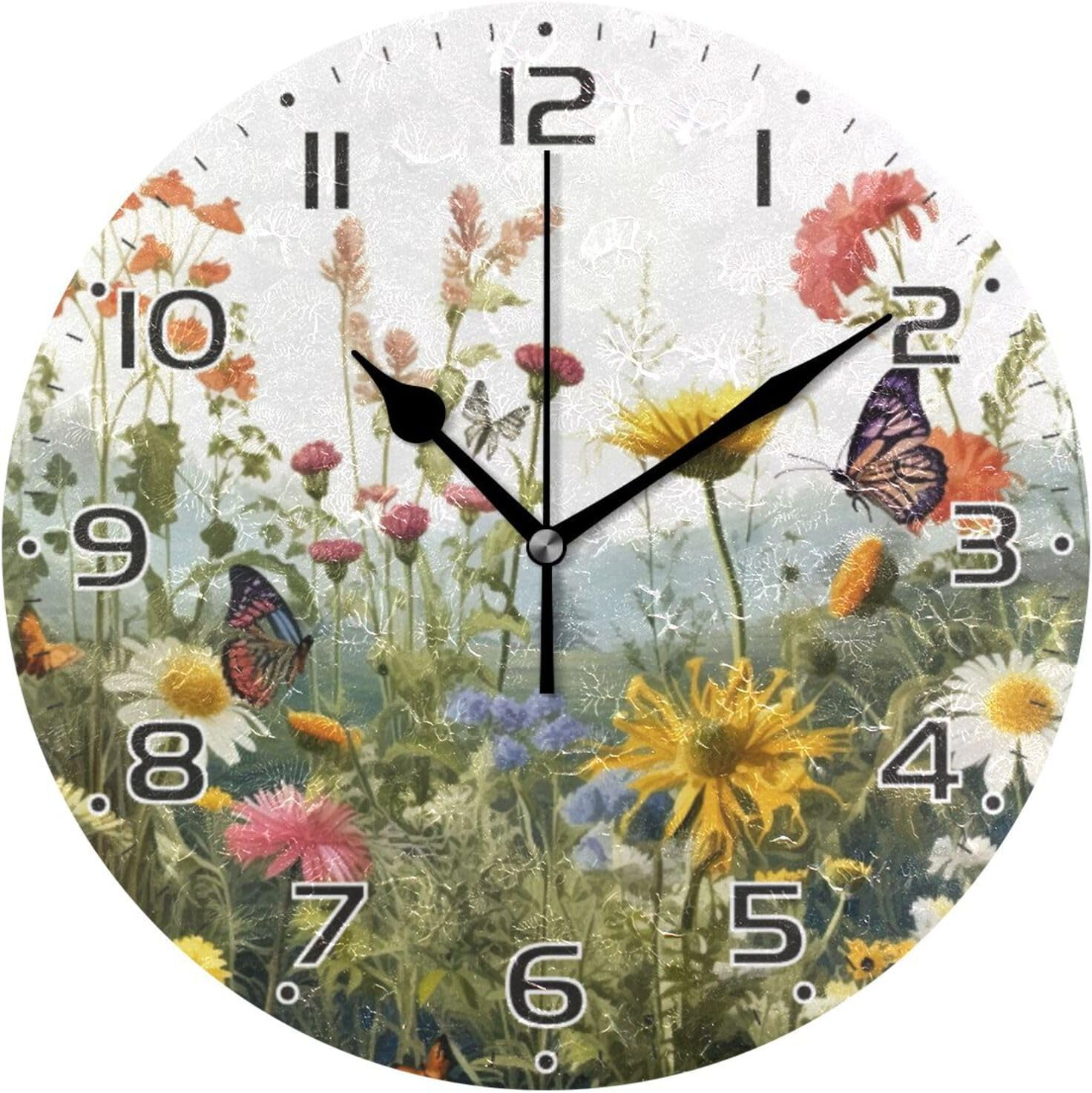 GZHJMY Wildflowers Clock Silent Round Wall Clock Non Ticking Battery ...