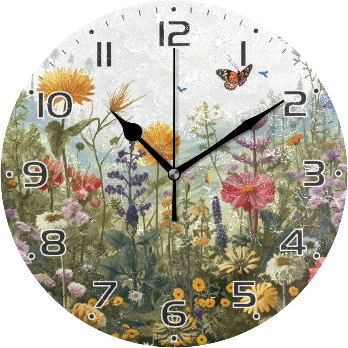 GZHJMY Wildflowers Clock Silent Round Wall Clock Non Ticking Battery ...