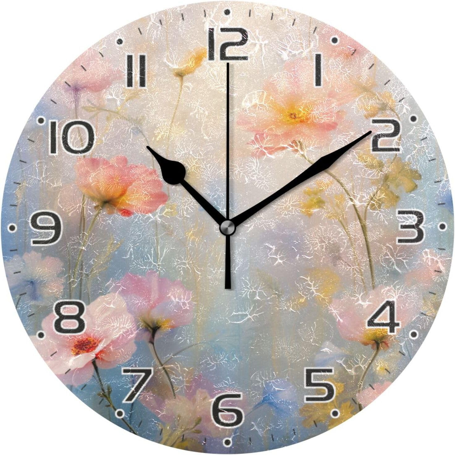 GZHJMY Wildflowers Painting Clock Silent Round Wall Clock Non Ticking ...
