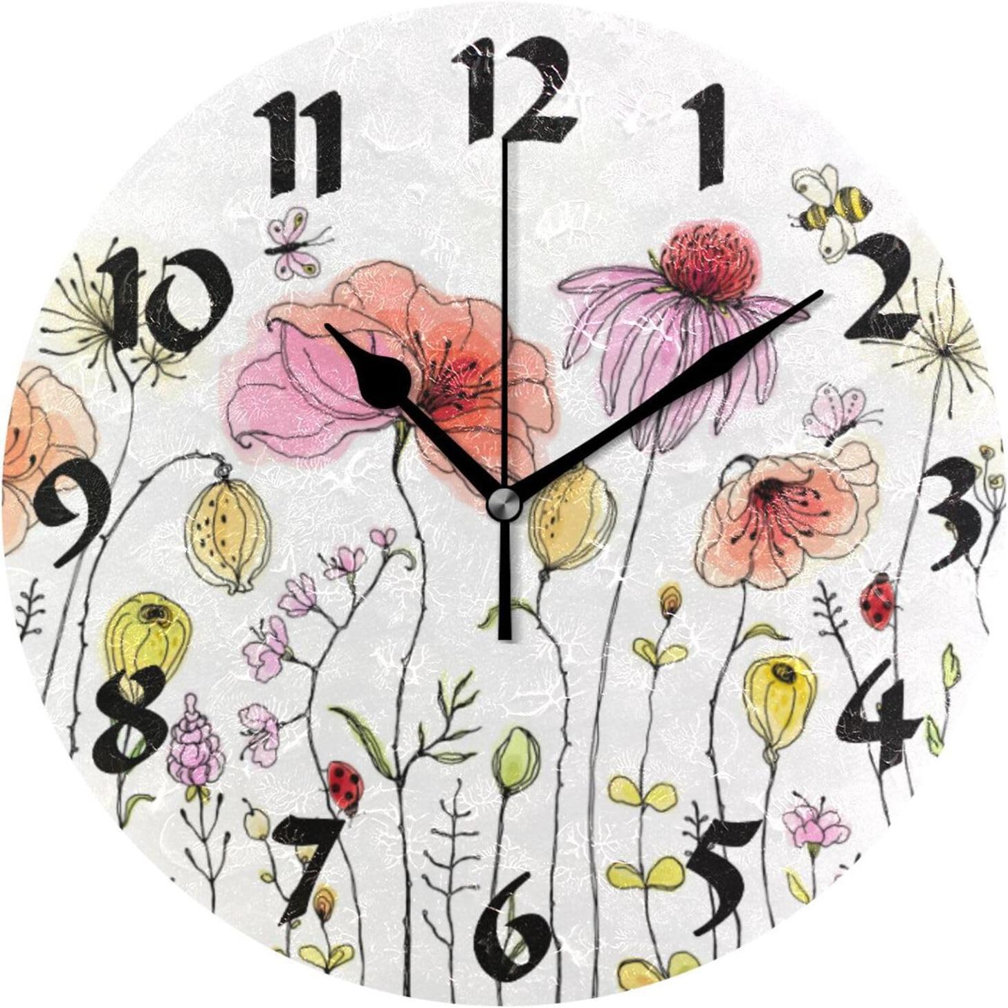 GZHJMY Wildflowers Round Wall Clock,Silent Non Ticking Battery Operated ...