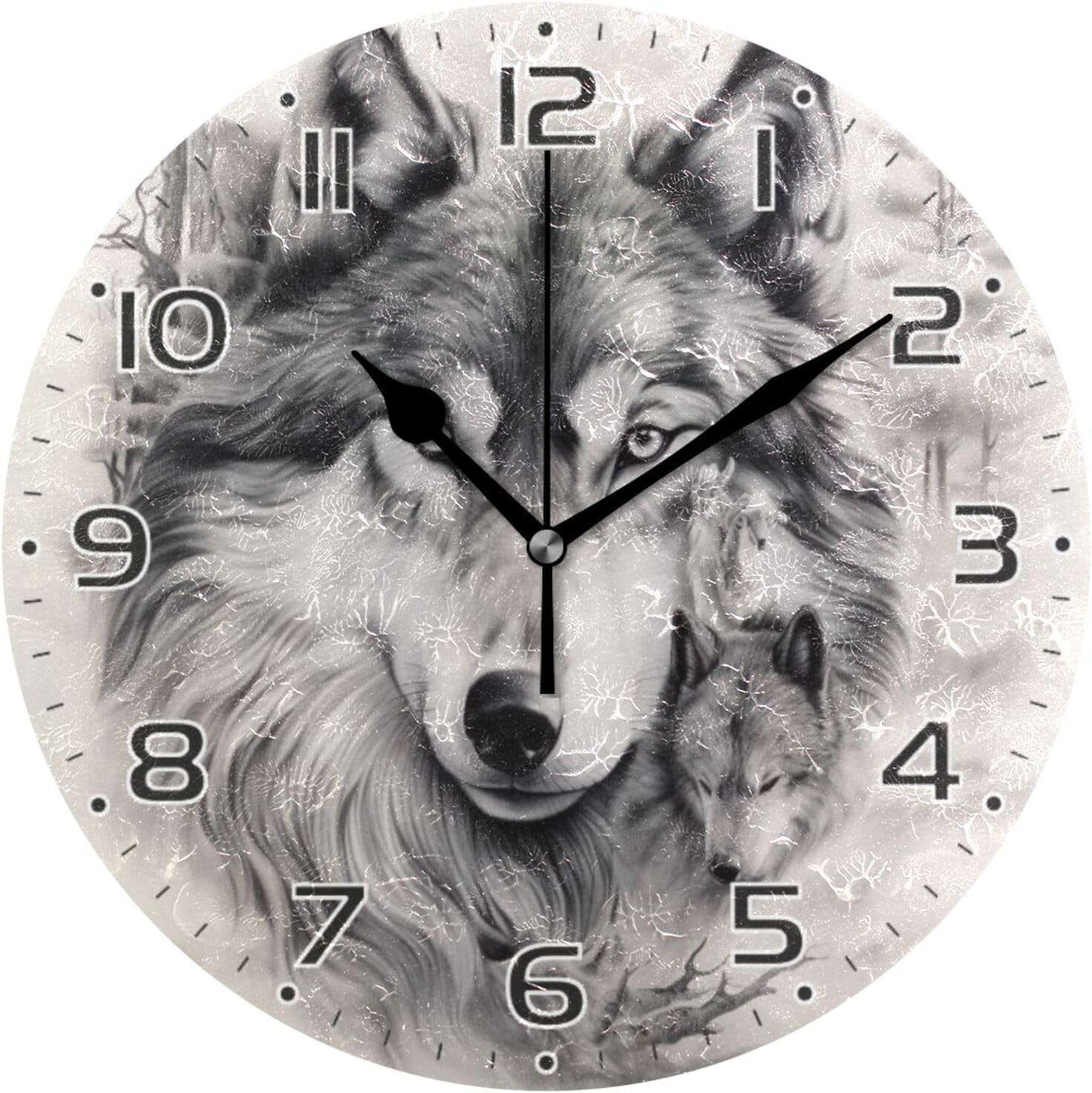 GZHJMY Wolf Clock Silent Round Wall Clock Non Ticking Battery Device ...