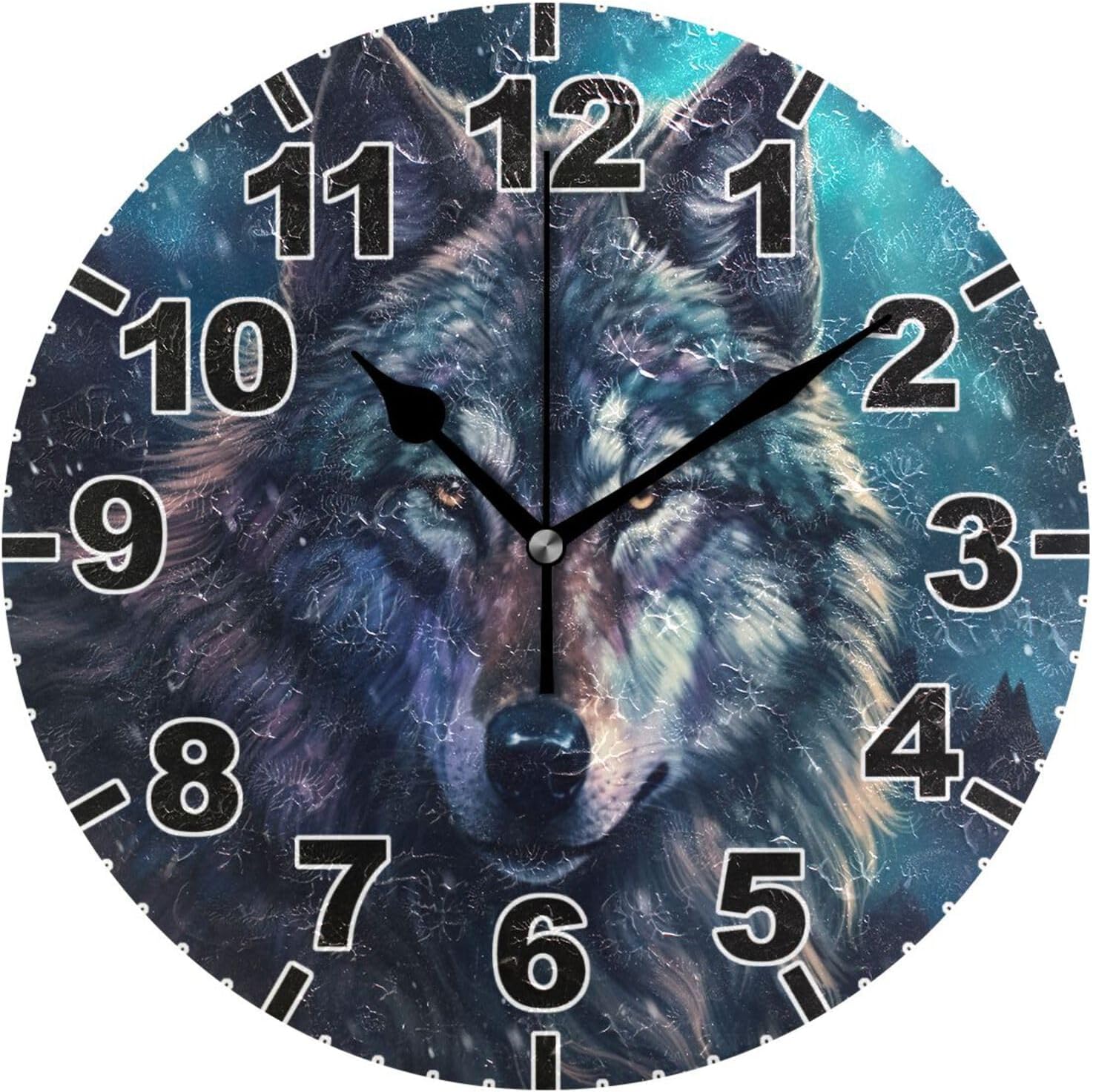 GZHJMY Wolf Round Wall Clock, Battery Operated Silent Non Ticking Desk ...