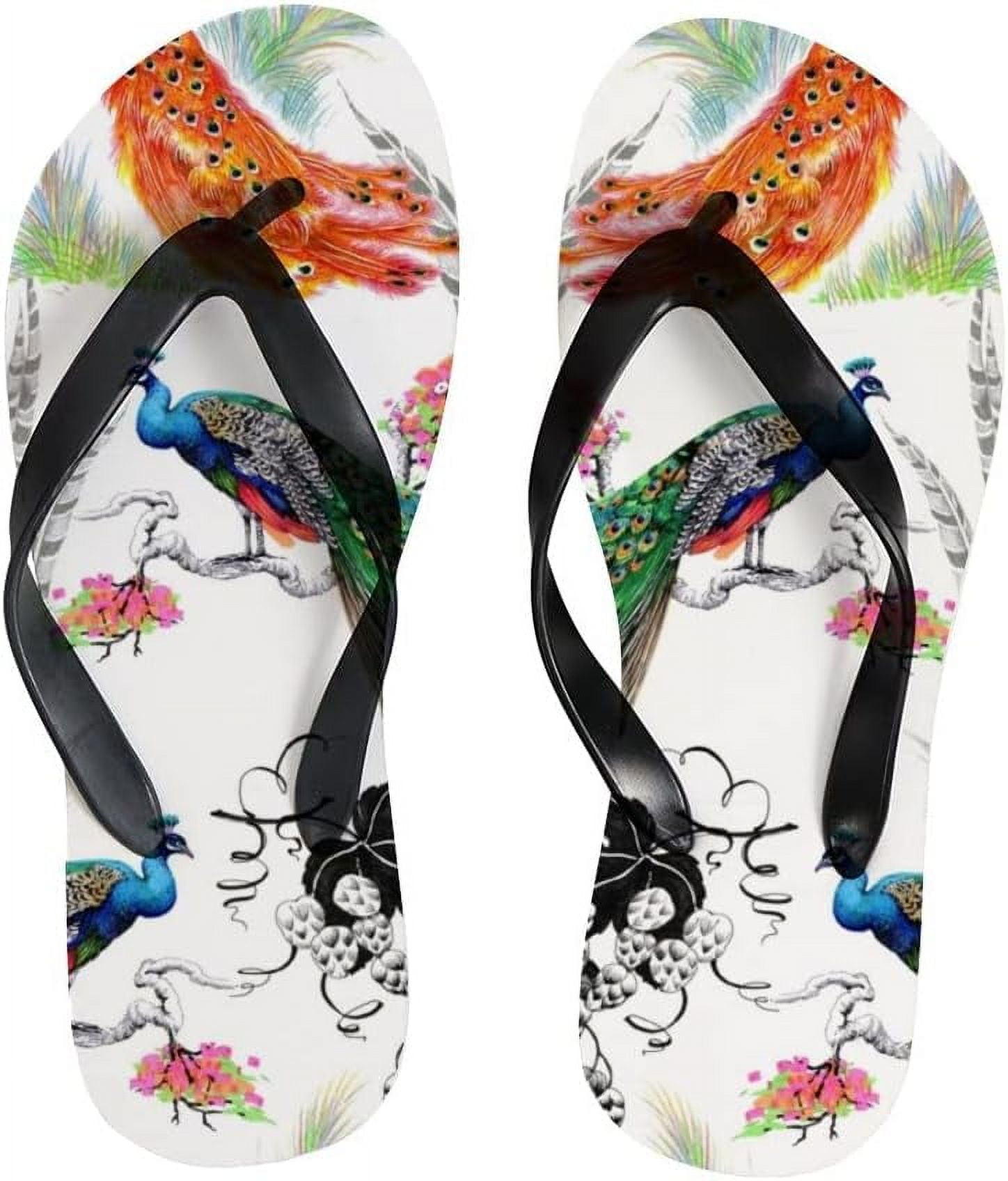 GZHJMY Women Flip Flops Slippers Vintage Floral Flowers Peacock Sandals ...