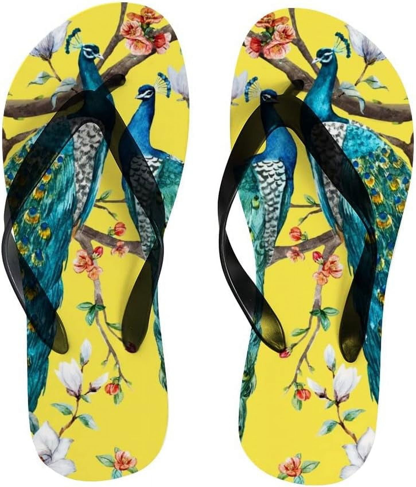 GZHJMY Women Flip Flops Slippers Vintage Peacock Animals Floral Flowers ...