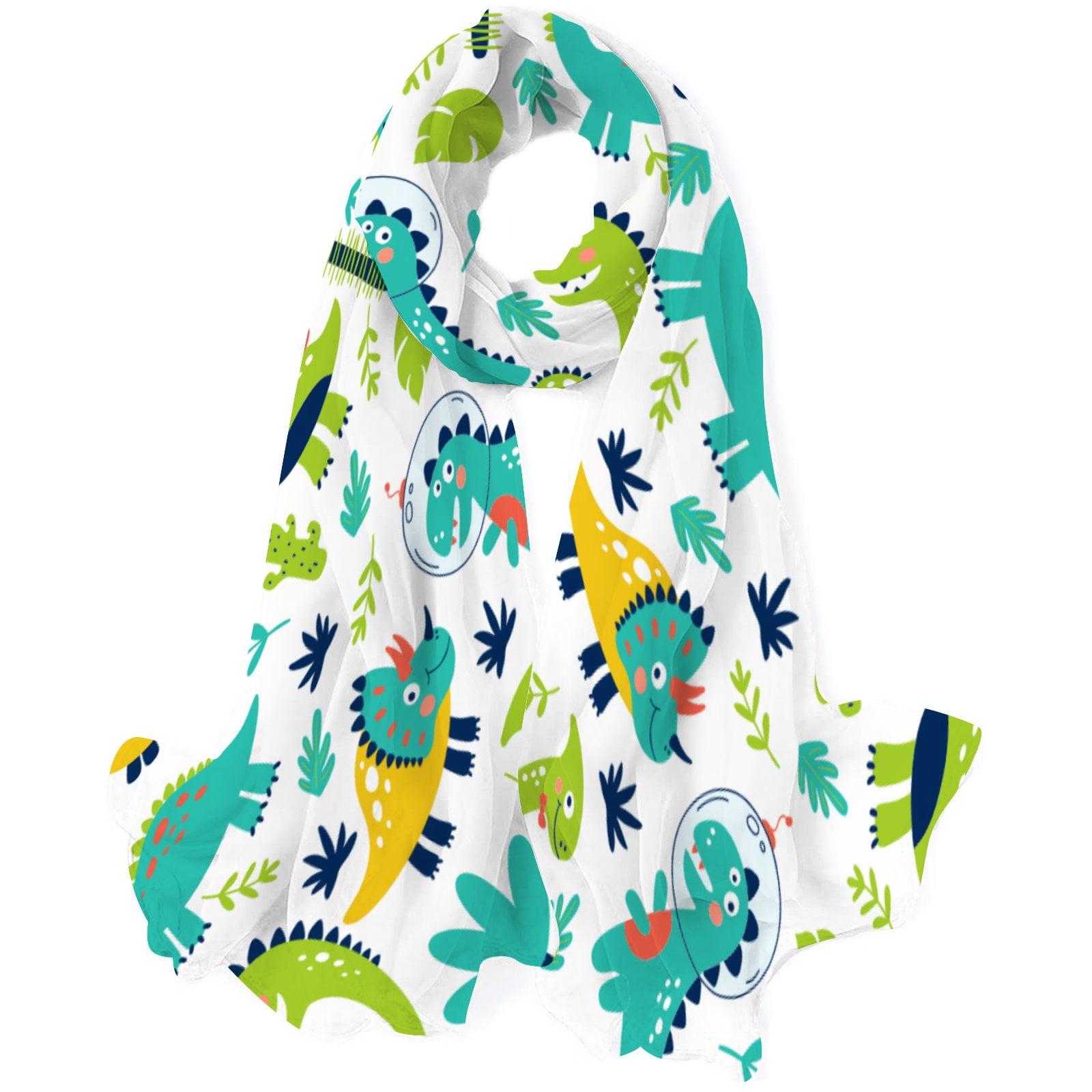 GZHJMY Women Girls Long Silk Scarf, Cartoon Cute Dinosaur and Plants ...