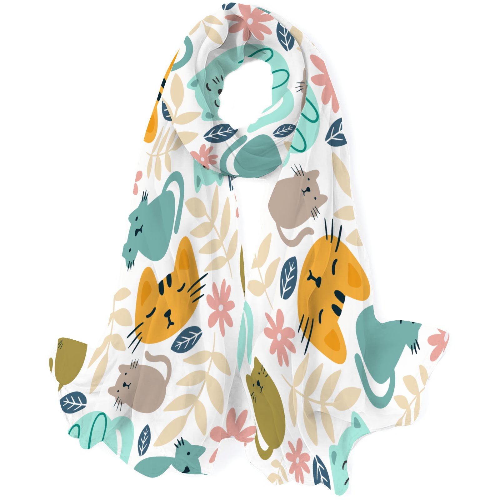 GZHJMY Women Girls Long Silk Scarf, Cute Cartoon Cat Summer Lightweight ...