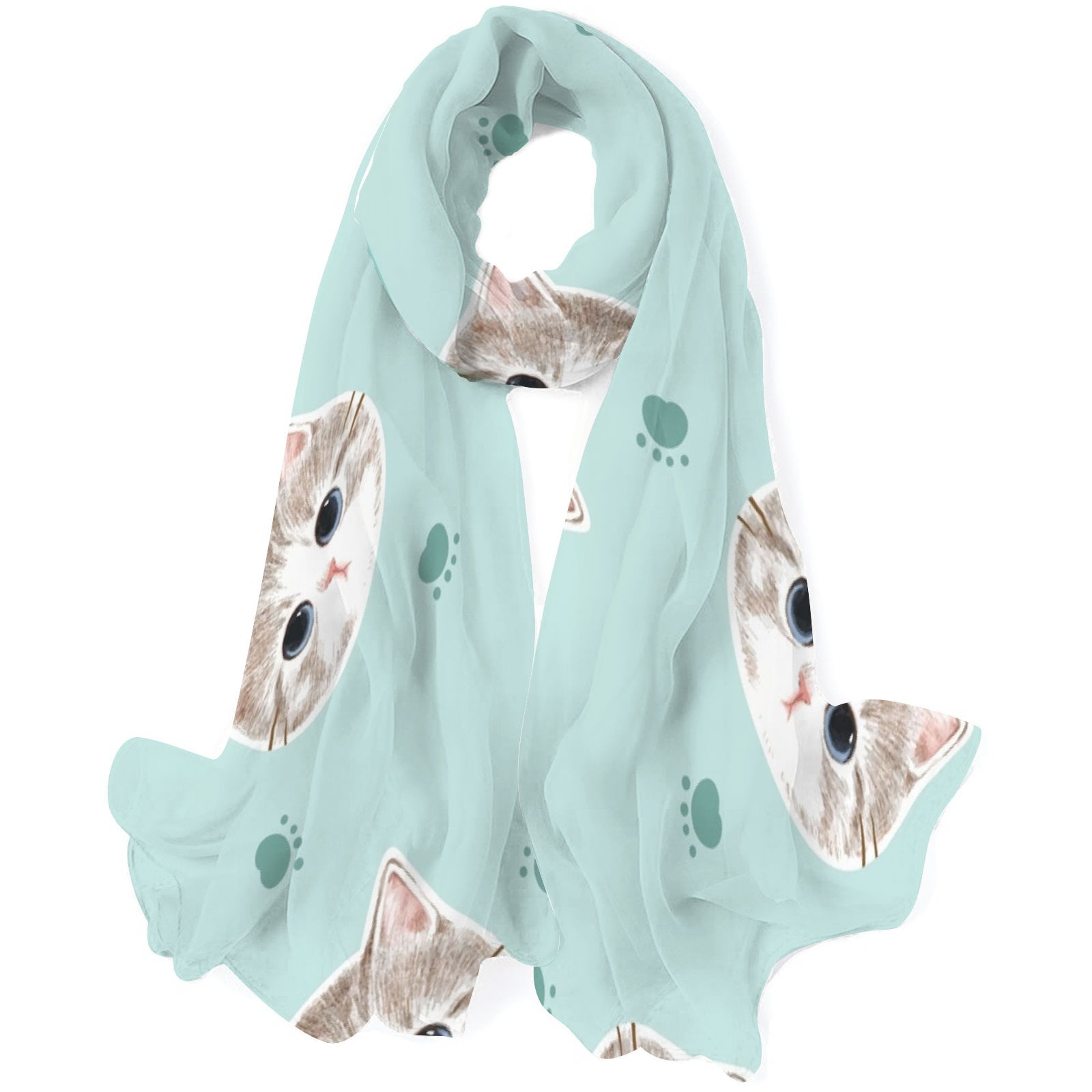 GZHJMY Women Girls Long Silk Scarf, Cute Cat Face and Paw Summer ...