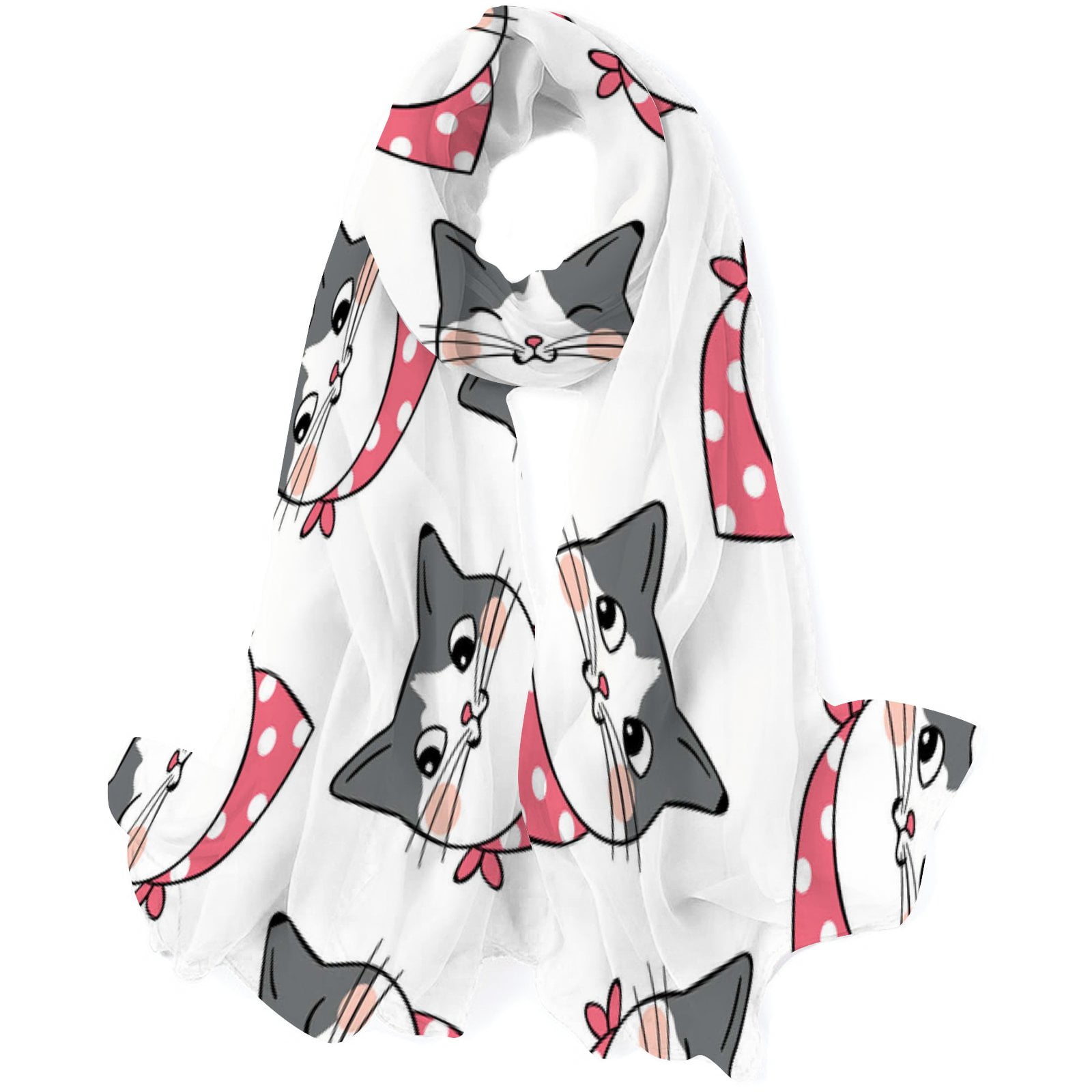 GZHJMY Women Girls Long Silk Scarf, Head Cute Cat Summer Lightweight ...
