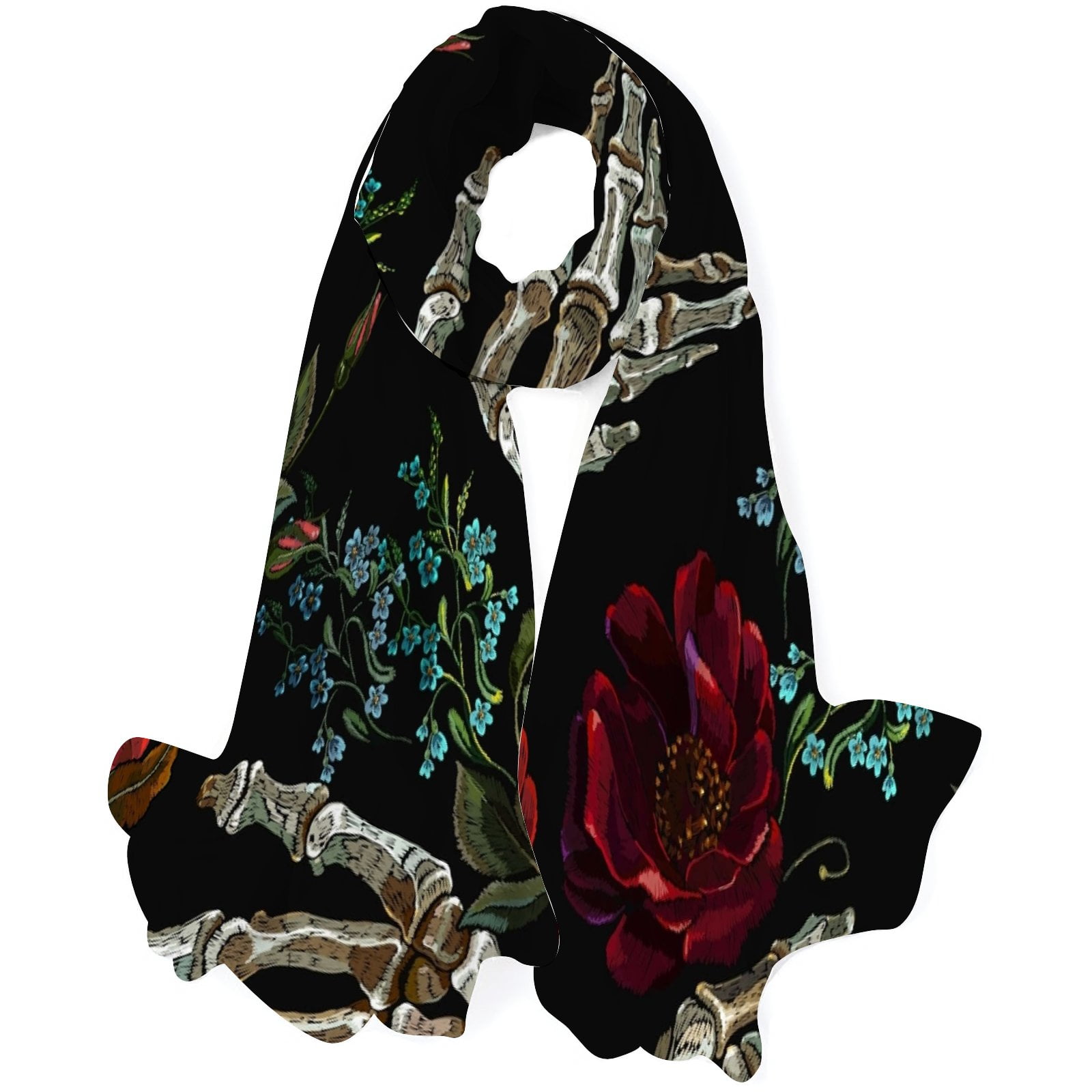 GZHJMY Women Girls Long Silk Scarf, Skeleton Hands and Red Roses Summer ...