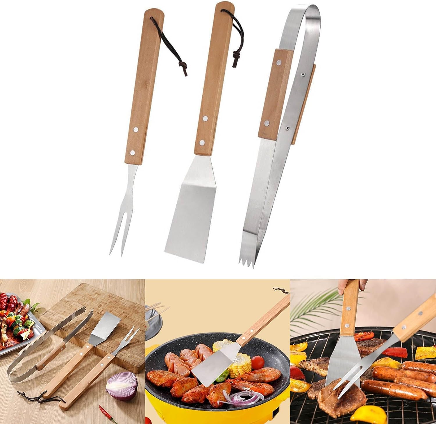 GZHJMY Wooden BBQ Grilling Tools Set, BBQ Grill Set Stainless Steel ...