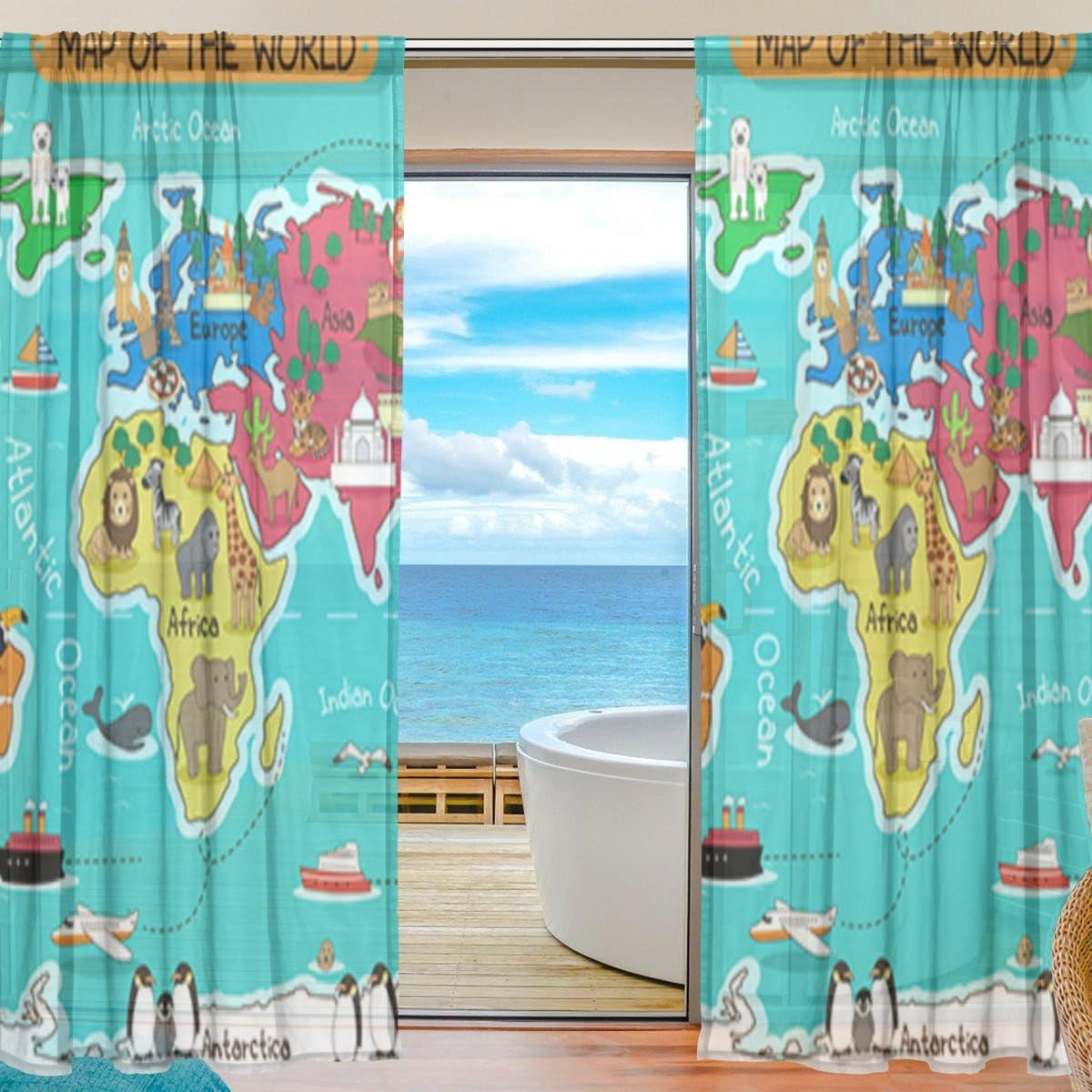 GZHJMY World Map Animal Sheer Window Curtain Panel Drape 55x84 Inch for ...