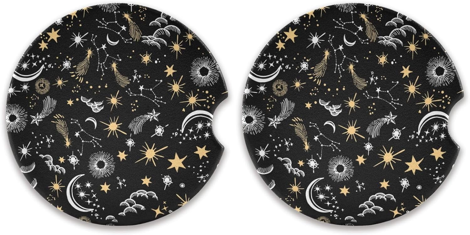 GZHJMY Yellow Stars and White Moon Car Coasters, 2 Pack Drinks ...