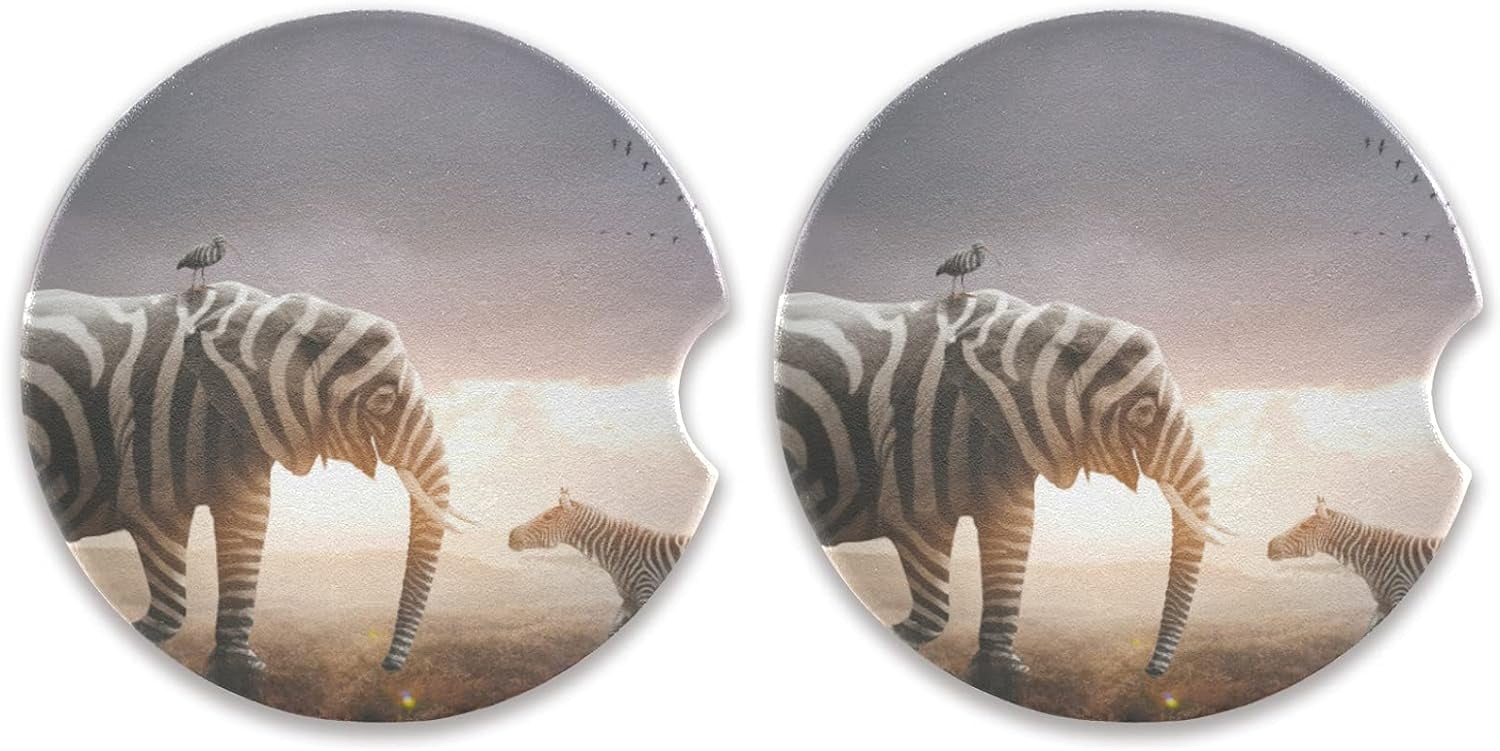 GZHJMY Zebra Elephant Car Coasters 2 Pieces, Absorbent Ceramic Cork ...