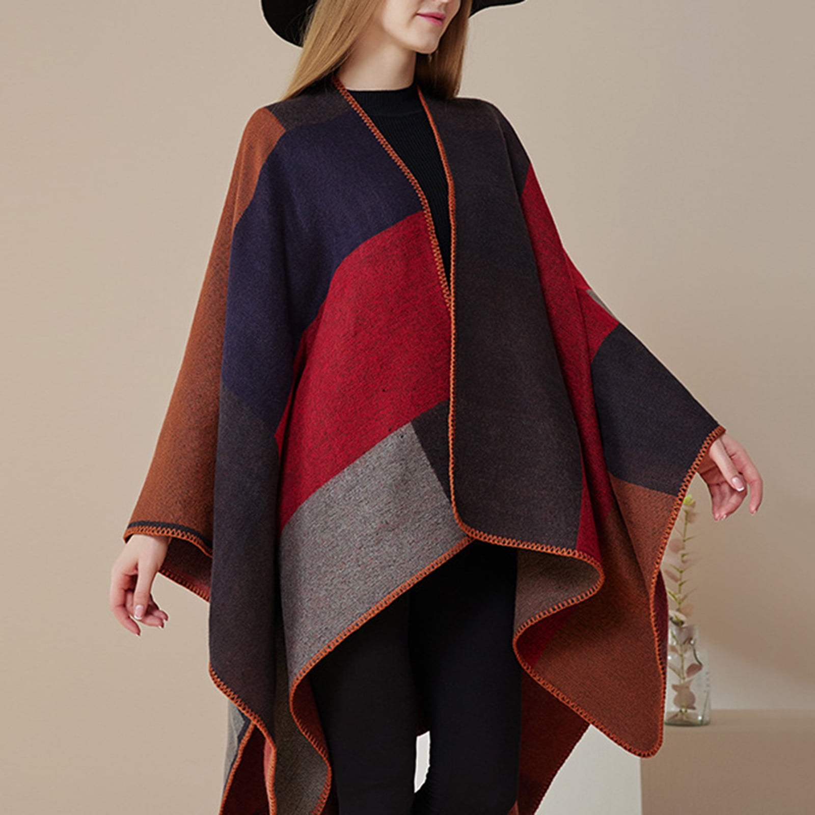 GZWYHT Shawl Wraps,Ponchos Women's Plaid Shawl Wraps Open Front Poncho Cape Oversized Sweaters ...