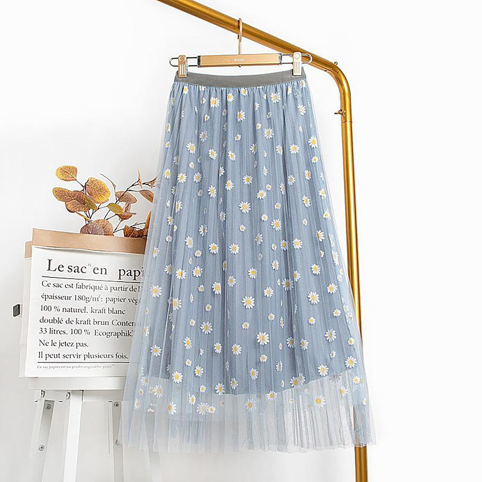 GZWYHT Skirts for Women,Midi Skirt Women Floral Pleated Mesh Overlay ...