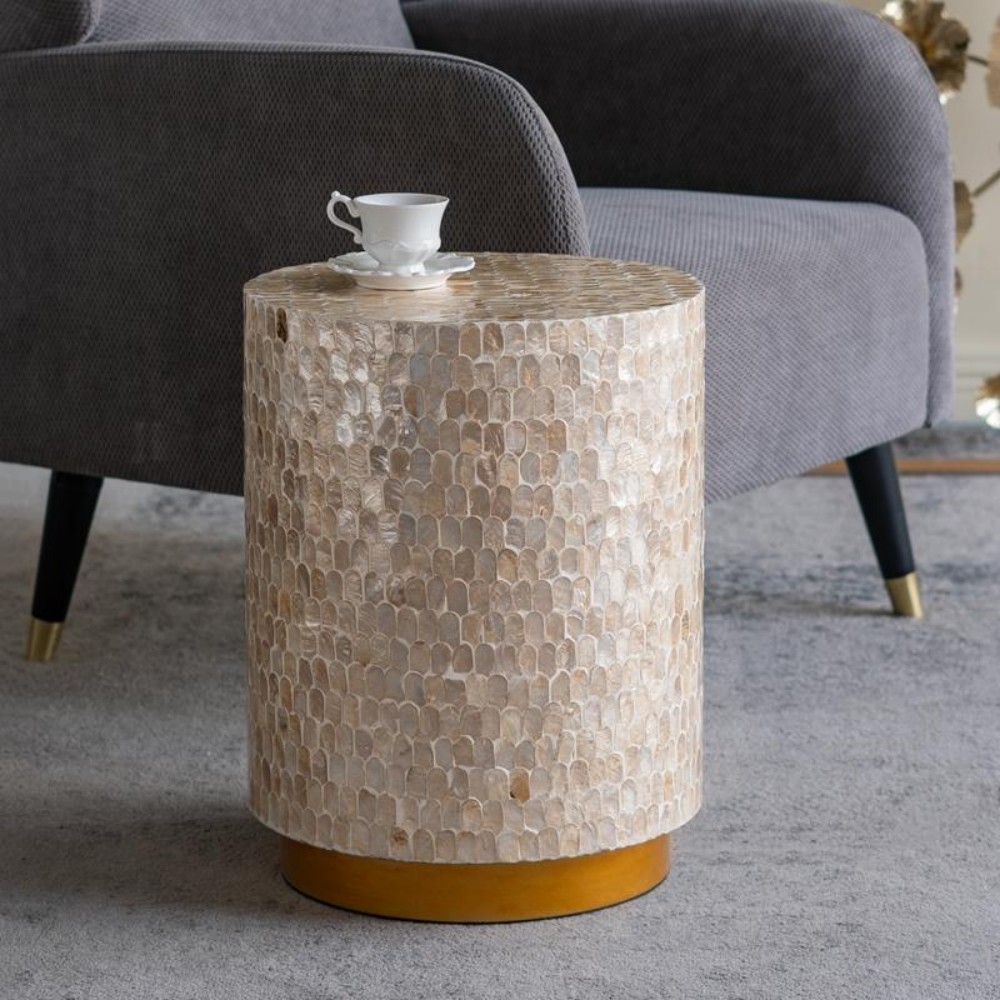 GZXS 14" Cylindrical Decorative Side Table with Gold Pedestal Base ...