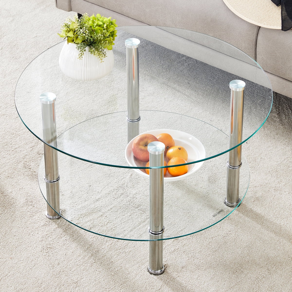 GZXS 2-Tier Tempered Glass Coffee Table, Contemporary Round Cocktail ...